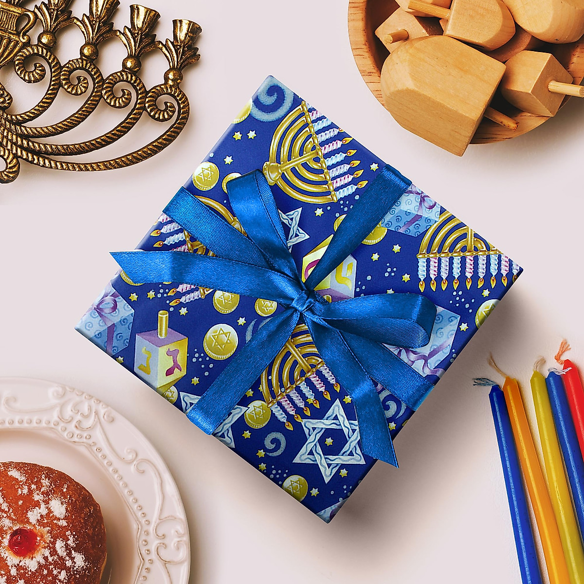 Designer Greetings Glitterwrap™ Hanukkah Gift Wrap – Dreidels, Star of David, Menorahs, Coins and Blue Striped Pattern (4 Rolls/Designs Per Pack, 30” x 192”, 40 Sq. Ft.)