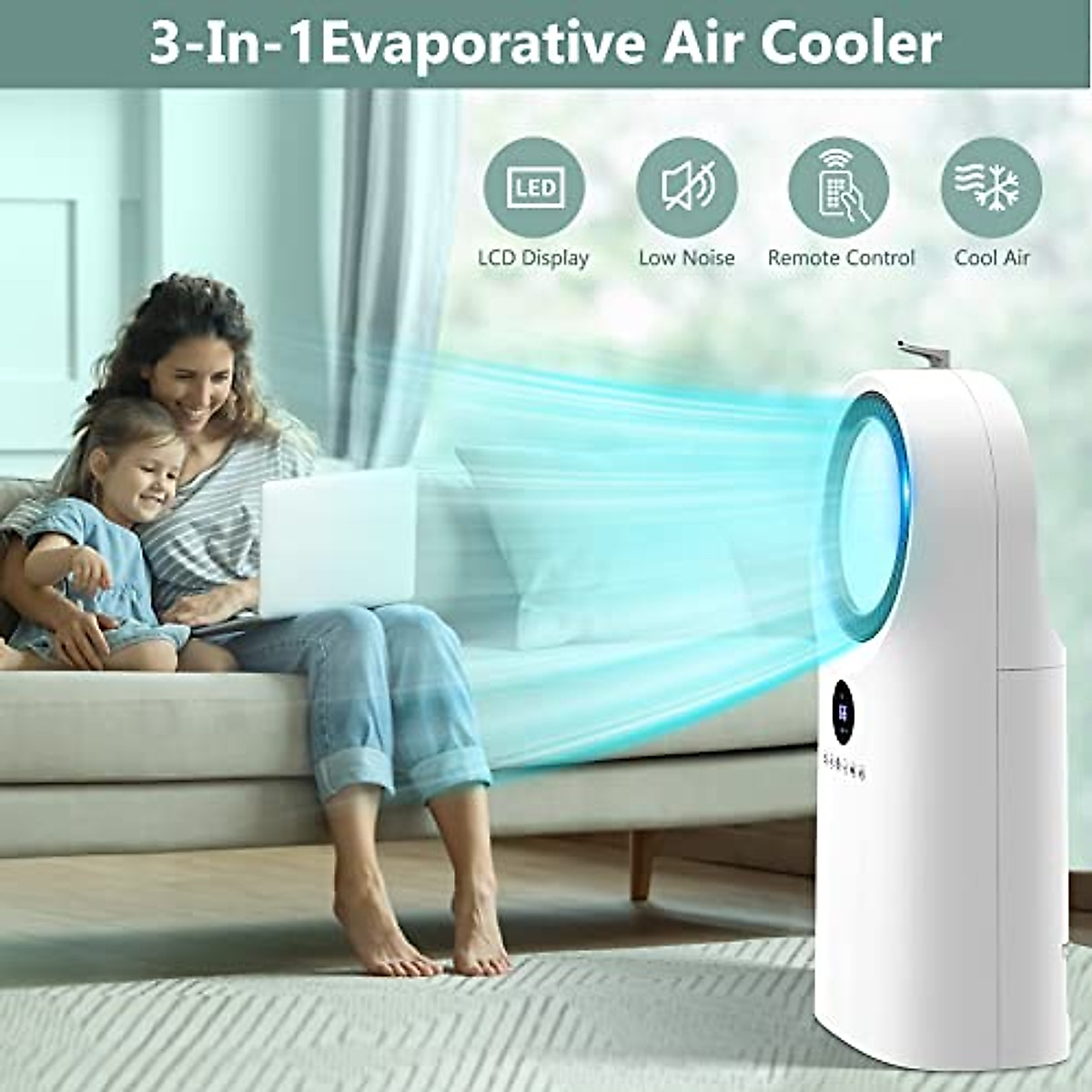 Portable Evaporative Cooler, LifePlus Bladeless Cooling Tower Fan with Instant Cool & Independent Humidifier, Remote Control, 50° Oscillation, Low Noise for Kitchen Bedroom Office