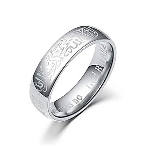 JAJAFOOK 4PCS 6mm 316L Stainless Steel Muslim Allah Islam Ring Allah Messager Wedding Bands High Polished, Silver 5