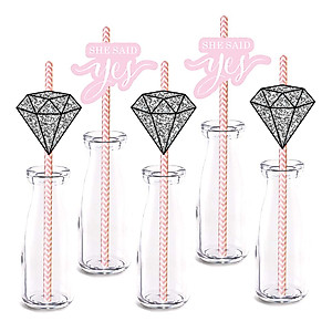 She Said Yes Straw Decor, 24-Pack Wedding Diamond Engagement Bridal Shower Party Supply Decorations, Paper Decorative Straws