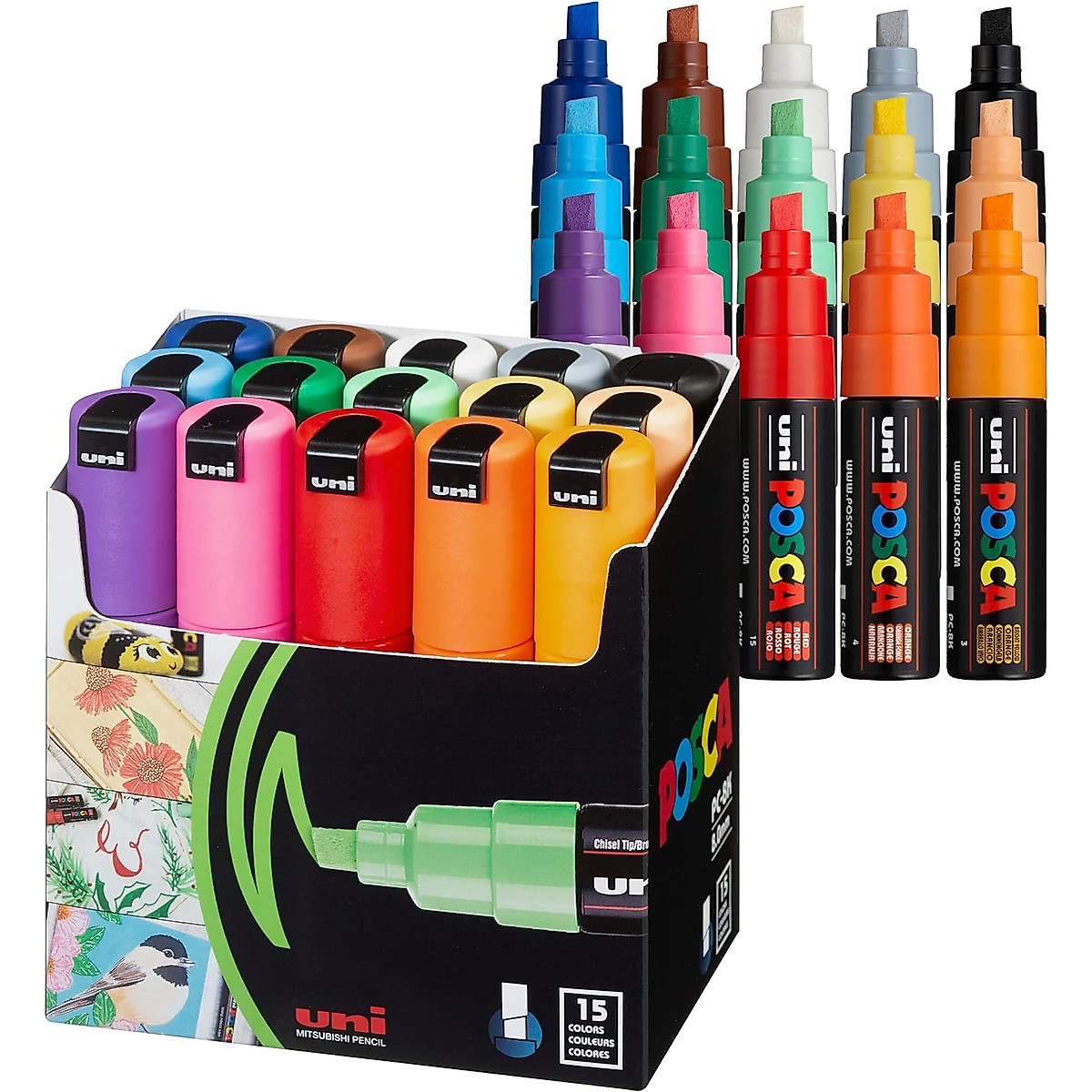 Posca Set of 15 Acrylic Paint Pens with Bold Point Tips, Paint Markers for Rock Painting, Fabric, Glass Paint, Metal Paint, and Graffiti
