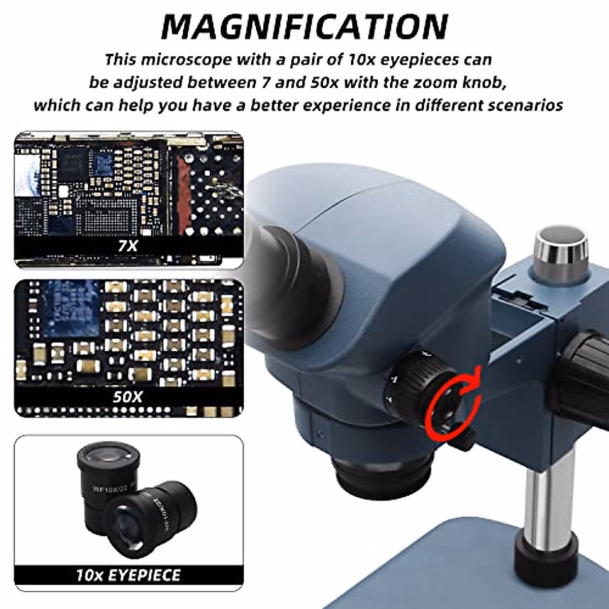 HengTianMei ZS7050 Profesional Binocular Stereo Microscope, WF10x/22 Eyepieces, 7X-50X Magnification, 0.7X-5X Objective, 72 LED Ring Light Illuminator, Adjustable Zoom and Focus Knobs