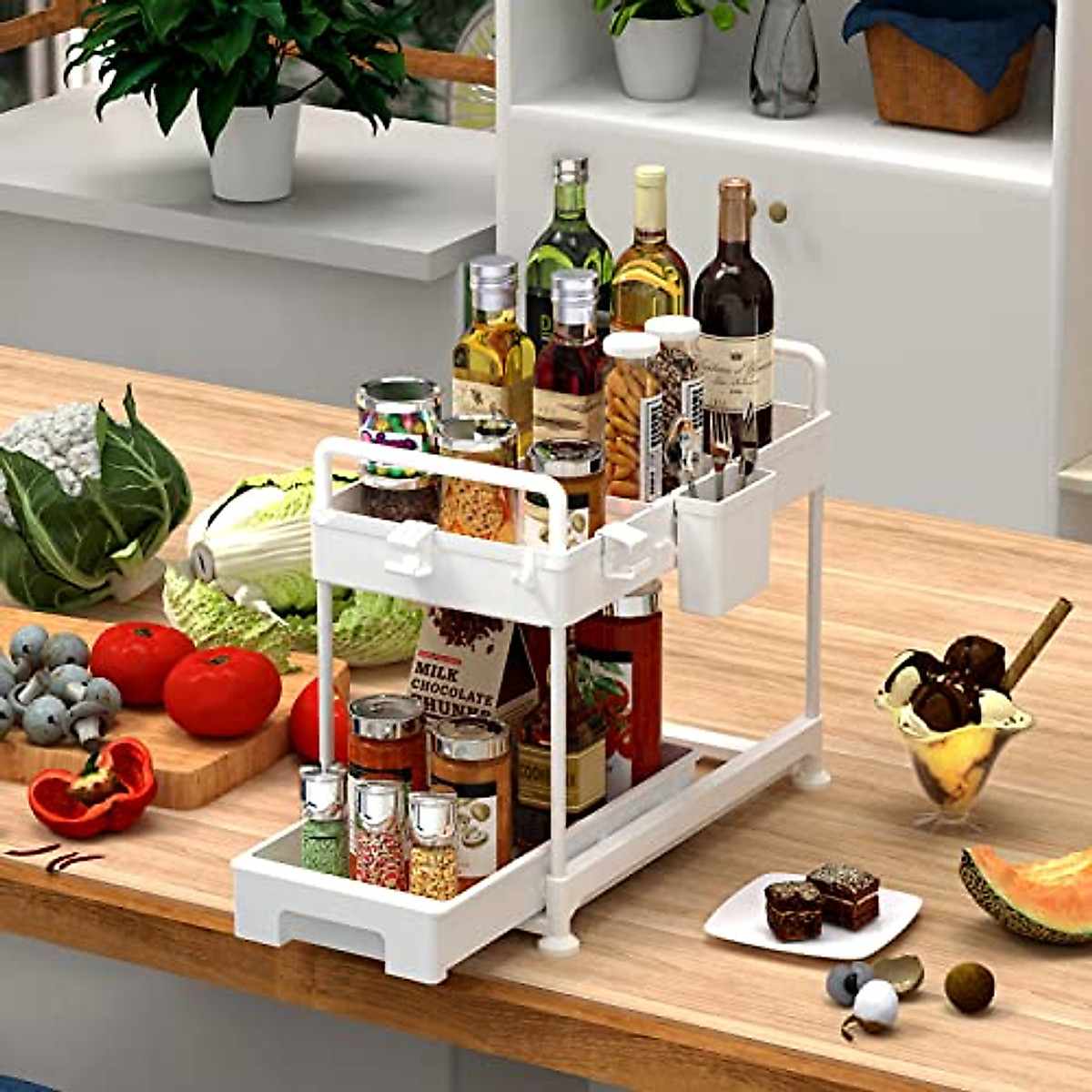 SOLEJAZZ 2-Tier Under Sink Organizer, Under Bathroom Sink Cabinet Sliding Under Sink Storage Organization, Multi-purpose Kitchen Shelf with Hooks, Hanging Cup, White