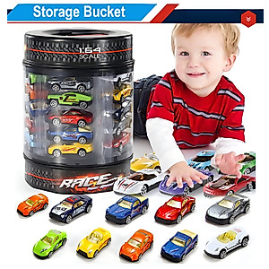 25 Piece Diecast Cars Pack Toy Playset in Storage Carrying Tub - 1:64 Scale Metal Alloy Die-cast Vehicles Collection for Kids