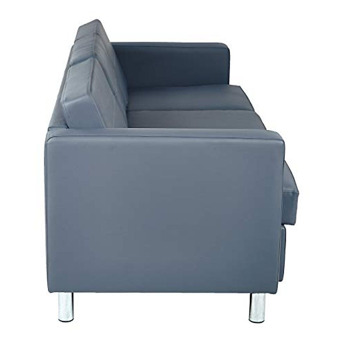 Office Star Pacific Sofa with Padded Box Spring Seats and Silver Finish Legs, Dillon Blue Faux Leather