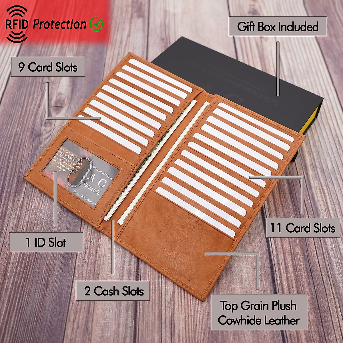 ag wallets Genuine Leather Mens Long ID 19 Credit Card Security Wallet (RFID Tan Butter Touch Leather)