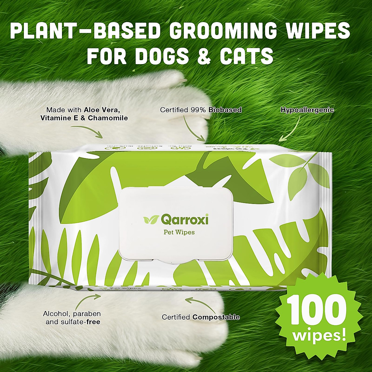 Qarroxi Pet Supplies Plant-Base Grooming Wipes for Ears,Face,Paws,Butt,Body and Eye-Multipurpose Hypoallergenic Dog Wipes 100 Count