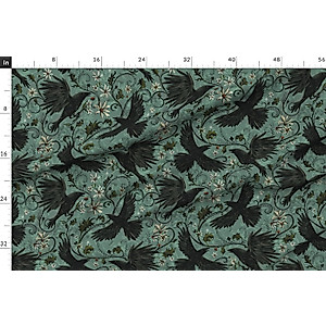 Spoonflower Fabric - Gothic Ravens Autumn Floral Halloween Bohemian Magic Dark Moody Corvid Printed on Denim Fabric by The Yard - Bottomweight Apparel Home Decor Upholstery