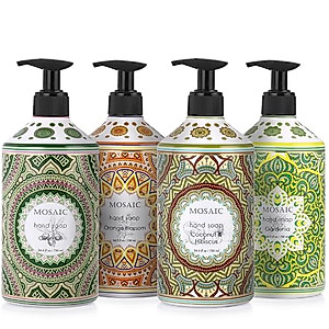 Mosaic Liquid Hand Soap / Wash Gift Set, Ideal Bathroom Kitchen Hand Soap Set , Olive Oil + Coconut & Hibiscus + Gardenia + Orange Blossom, 4 x 24.6 fl oz Each Liquid Soap Bottle