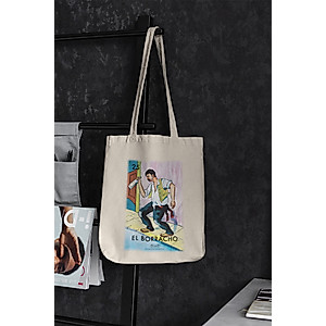 Pop Threads El Borracho Drunk Loteria Card Mexican Latina Graphic Tote Bag for Adults Black 15x15 inches