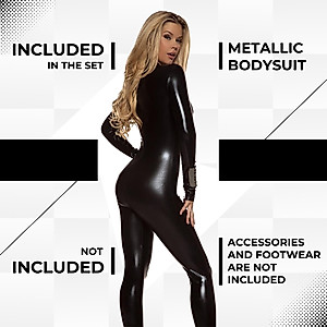 Forplay Women's Metallic Zip Front Mock Neck Catsuit Black Large/X-Large