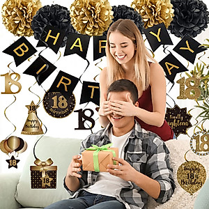BRT Bearingshui Happy 18th Birthday Hanging Swirls Streamers Decoration, Happy Birthday Banner with Tissue Pompoms, Black and Gold 18 Years Old Birthday Party Hanging Backdrop Decorations