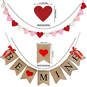 Valentines Day Burlap Banner, Valentines Decor for Home, Be Mine Hanging Banner & 28 Pcs Felt Heart Garland Banner Decor for Mantle Fireplace Wall, Decorations Pre-Assembled - No DIY Required