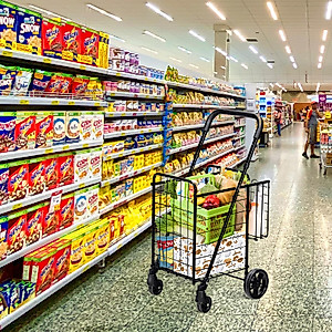 IRONMAX Grocery Shopping Cart, Foldable Heavy Duty Utility Cart w/Adjustable Handle, Extra Basket & 360° Rolling Swivel Wheels, Lightweight Trolley Cart for Grocery Laundry Luggage (Black)