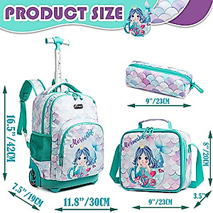 Meetbelify Rolling Backpack for Girls Mermaid Wheels Backpacks Kids Trolley Luggage Travel Suitcase for Elementary Preschool Students with Lunch Box and Pencil Case