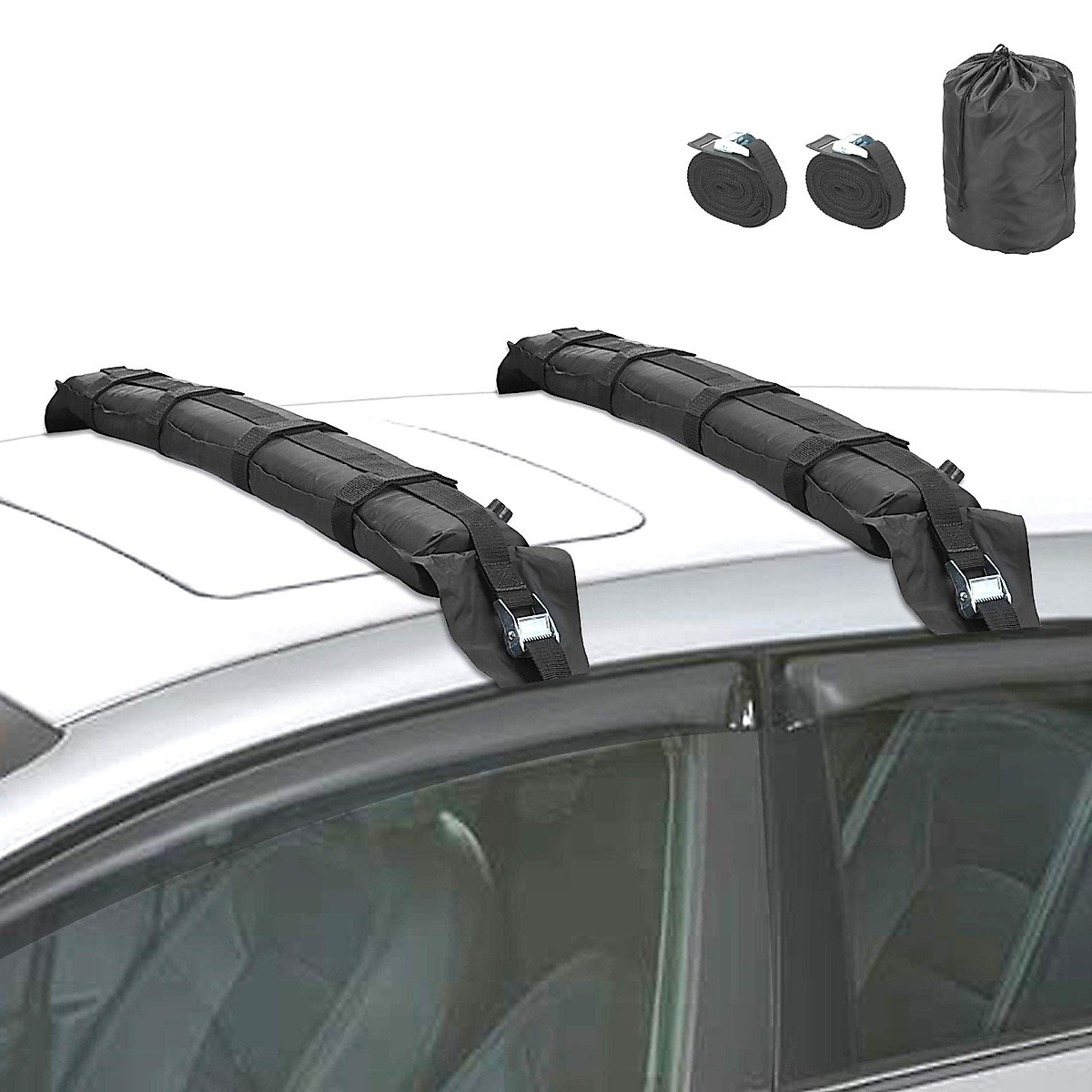 2 PCS/Set Self-Inflating Soft Roof Rack Pads, Universal Car Soft Roof Rack Pads for Kayaks/Surfboard/Paddleboard/SUP/Snowboard, with 2 Tie Down Straps