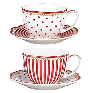 Grace Teaware Red Dot Stripes Scallop 9-Ounce Porcelain Tea/Coffee Cup and Saucer, Set of 2 (G1960264RD-2)