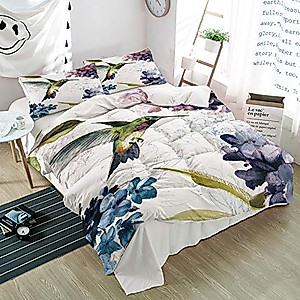 Duvet Cover Set 3 Pieces Queen Bedding Sets Hummingbird Hydrangea White Back Soft Luxury Comforter Cover with Pillowcases Microfiber Bedroom Quilt Covers-Zipper Closure Summer Bird Gradient Leaves