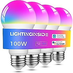 Lightinginside Smart Light Bulbs 100W Equivalent, 1350LM 11W WiFi Smart Bulb Compatible with Alexa/Google Assistant/Smart Life, A19 E26 RGBCW Color Changing, No Hub Required,2.4G WiFi, ETL Listed,4PCS