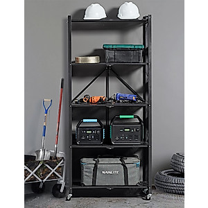 ALANNG 70.7" H Metal Storage Shelves, 5 Tier Folding Storage Shelves on Wheels, Heavy Duty Collapsible Shelving Unit, No Assembly Storage Rack for Kitchen, Basement, Pantry (Black,1 Pack)