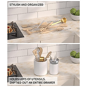 Kitchen Utensil Holder, 2 Pack Utensil Caddy, Ceramic Utensil Holder for Kitchen Counter, Large Spatula Holder, Cooking Utensil Organizer, Farmhouse Kitchen Decor for Silverware Spoon Utensil Crocks