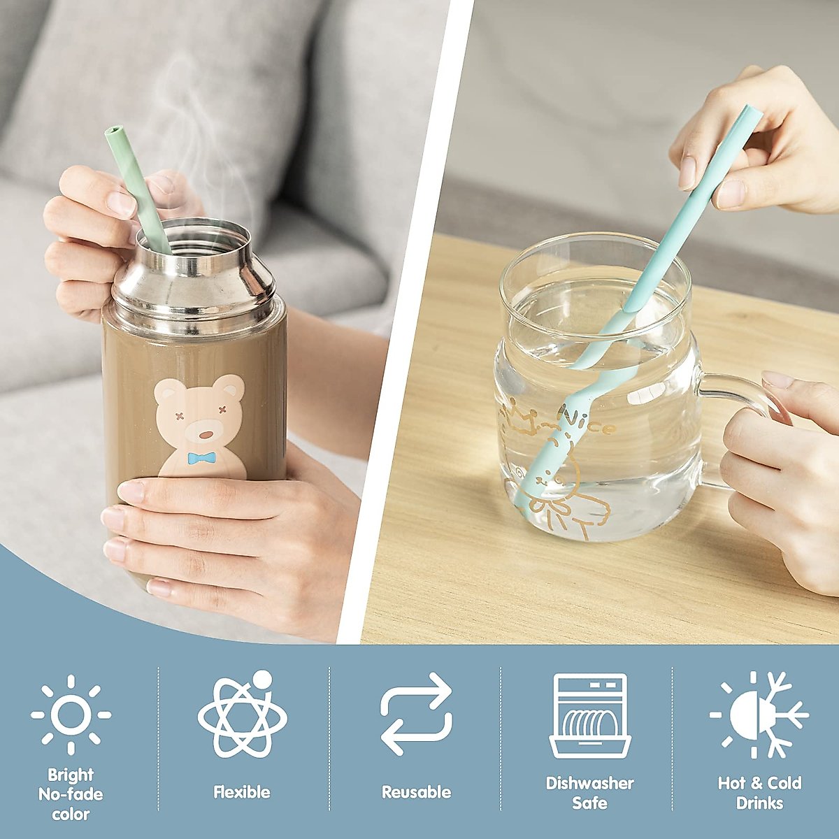 HAPPY CREATE 8 Pcs Reusable Silicone Premium Softy Drinking Straws in Snap Straw-Openable Design Hot and Cold Compatible（4 colors）