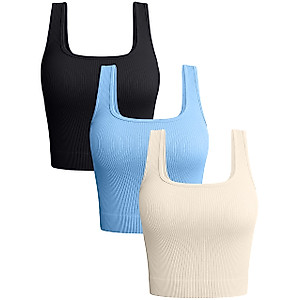 OQQ Women's 3 Piece Tank Tops Ribbed Seamless Workout Exercise Shirts Yoga Crop Tops Black Candyblue Beige