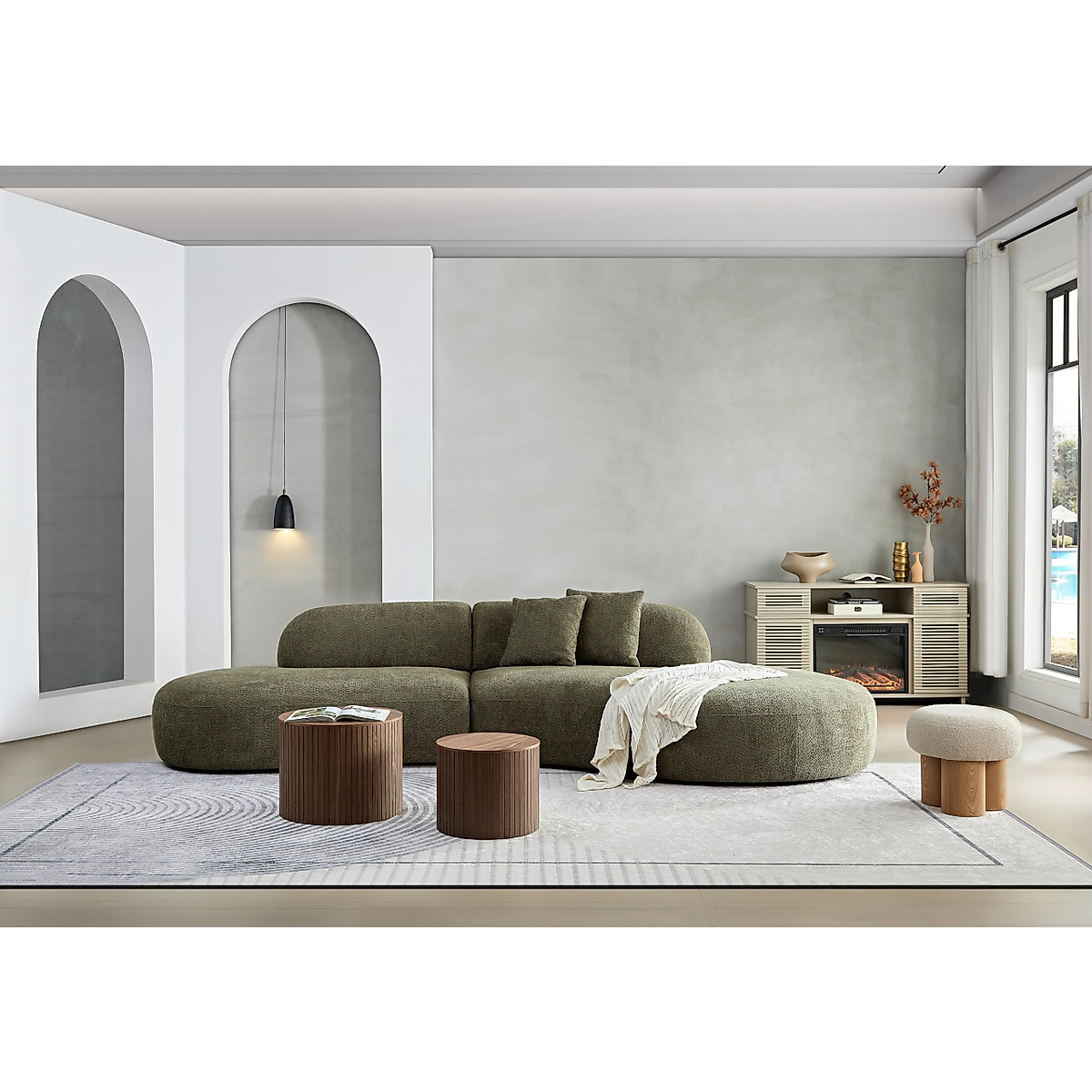 LETBASK 135.4" Curved Sectional Sofa,Oversized Modular Chaise Longue,6-Seat Boucle Fabric Couch with Pillows for Living Room,Apartment,Office (Green+Right-Facing)