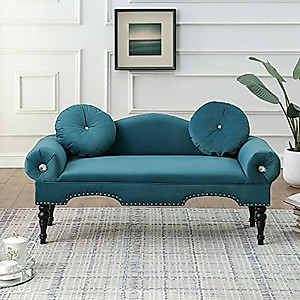 GNIXUU 54” Modern Small Loveseat Sofa, Mid Century Love Seat Couch Settee Velvet Tufted 2 Seater Couches Bedside Entryway Bench with 2 Pillows Nailhead Trim for Bedroom, Living Room(Teal)