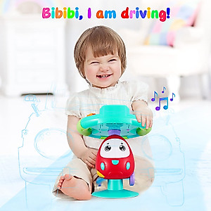 Bibibi Suction Toys for Baby Steering Wheel Toy with Music and Car Sound, Sensory Toys for 1 Year Old, 1st First Birthday Gifts Boys Suction Cup Toys 12 18 Months Girls Toddler Kid 1 3