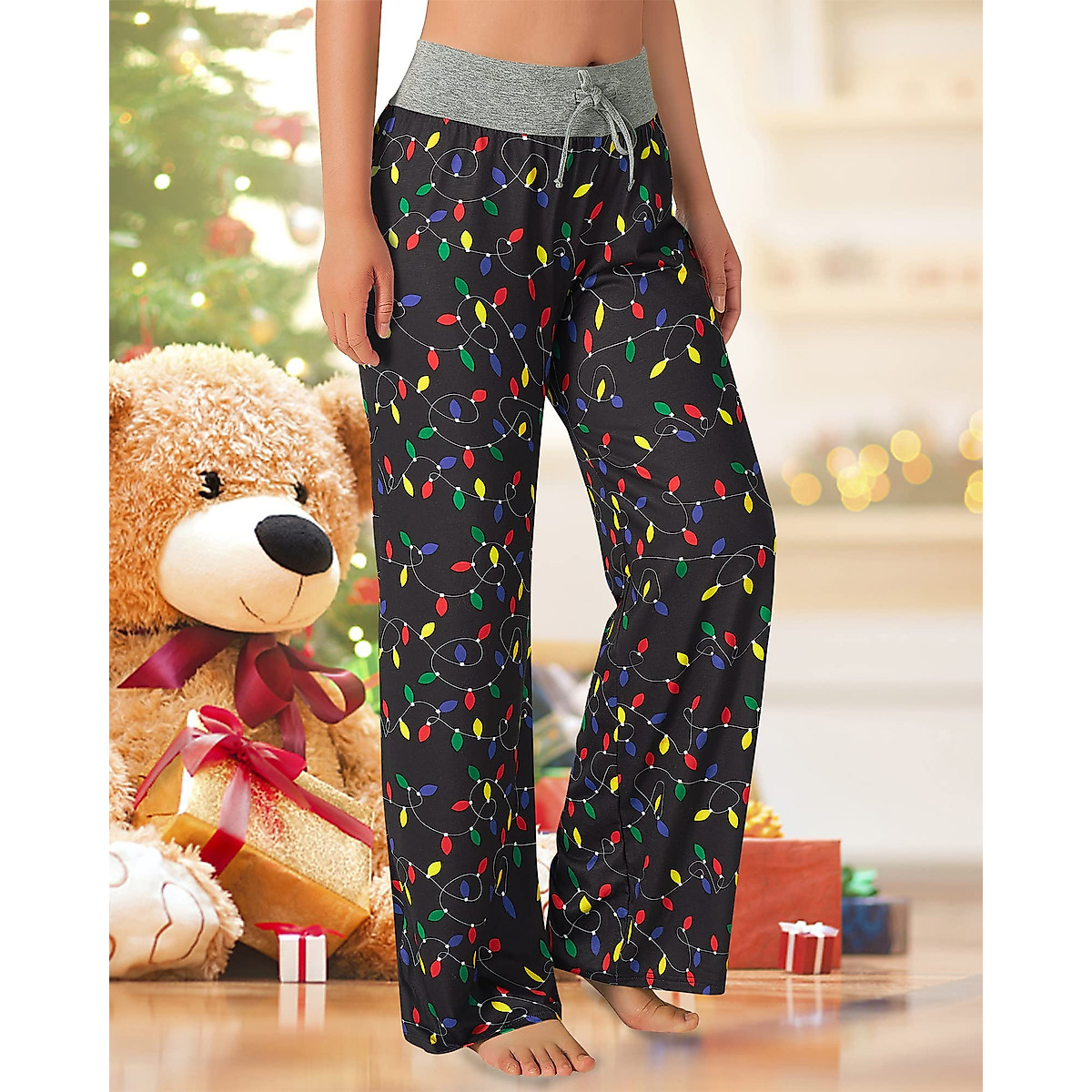 ALISISTER Christmas Lounge Pajama Pants for Women Soft Comfy Merry Xmas Pjs Pants Palazzo Loose Elastic Drawstring Sleep Bottoms Plus Size XL Black Green