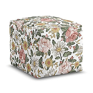 Sweet Jojo Designs Blush Pink Yellow Vintage Floral Boho Girl Ottoman Pouf Cover Unstuffed Poof Floor Footstool Square Cube Pouffe Storage Baby Nursery Kids Room Bohemian Shabby Chic Farmhouse White