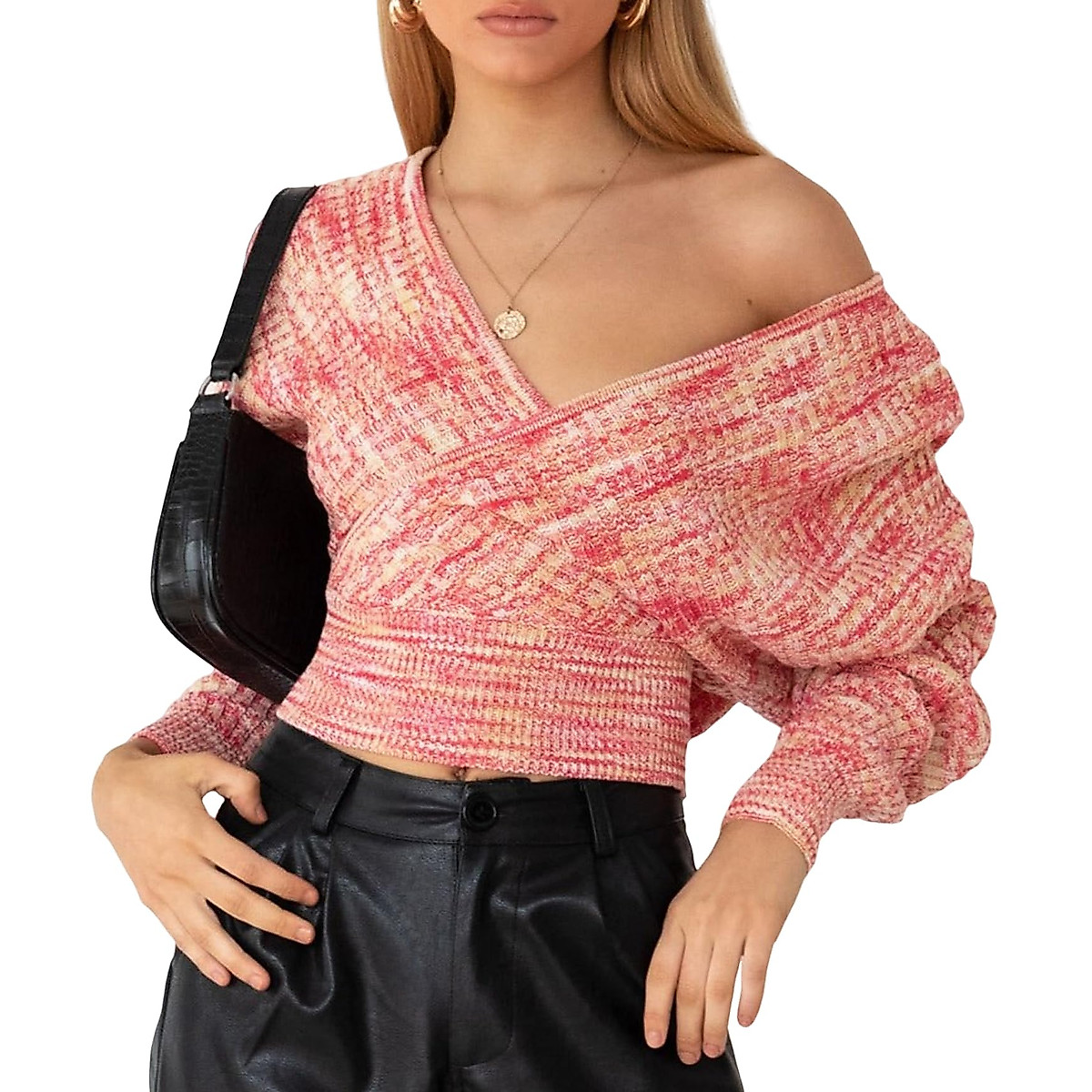 ZAFUL Women's V Neck Crop Knitted Sweater Long Sleeve Color Block Ribbed Jumper Space Dye Pullover