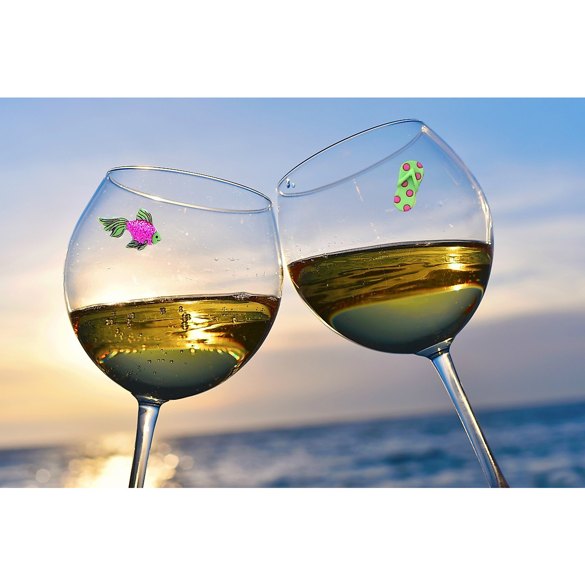 Beach Nautical Wine Glass Charms or Magnetic Markers for Making Your Drink Unique – Set of 12 Summer Glass Identifiers