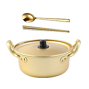 Hemoton 1 Set Ramen Pot, Korean Ramen Cooking Pot With Lid Spoon and Chopsticks (1pair), Korean Ramen Noodle Pot Korean Stockpots with Double handle (5.5inch/ 14cm)