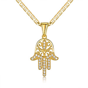 Barzel Hamsa Necklace for Women & Men 18K Gold Plated Flat Mariner/Marina 060 3MM Chain Necklace With Cubic Zirconia Hamsa Hand Pendant (Hamsa, 18)