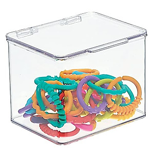 mDesign Plastic Playroom and Gaming Storage Organizer Box Containers with Hinged Lid for Shelves or Cubbies, Holds Small Toys, Blocks, Puzzles, Markers, Controllers, Lumiere Collection, 4 Pack, Clear