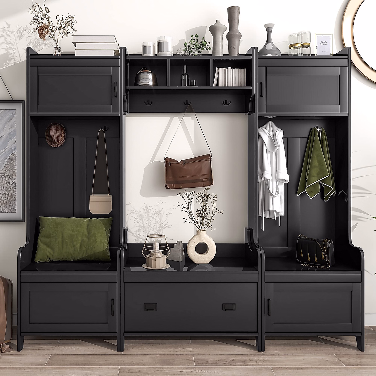 CKLMMC Modern Entryway Coat Hanger, 4-in-1 Multiple Functions Hall Tree with a Storage Bench, 7 Metal Black Hooks, and 4 Storage Cabinets (Black@4-in-1*)