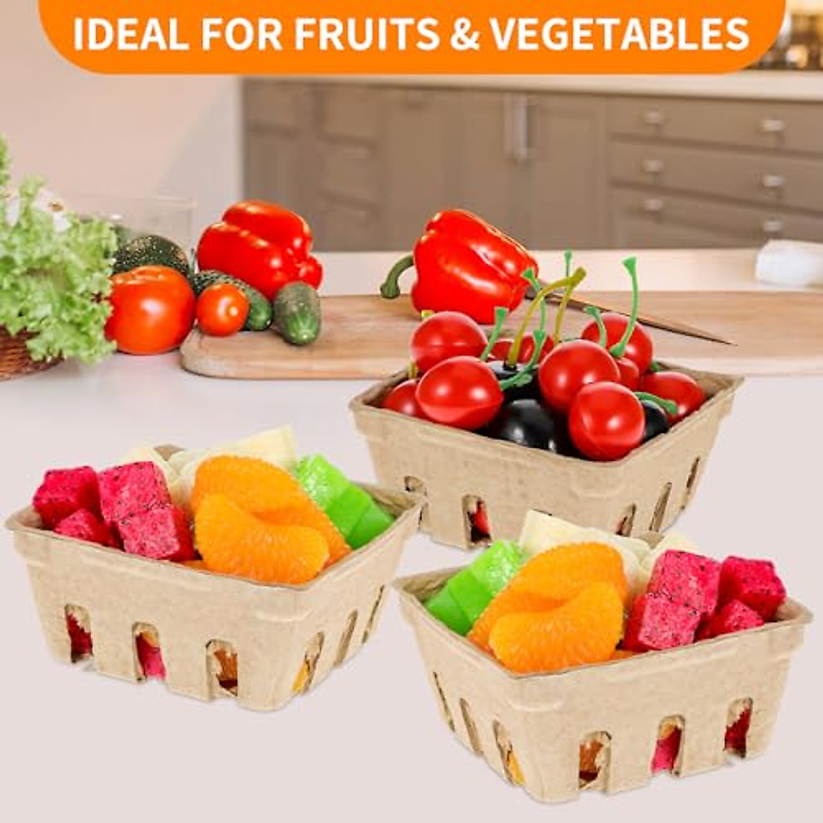 Tobeelec 100 Pcs Pulp Fiber Berry Basket, Products Berry Baskets, Molded Pulp Fiber Vented Produce Basket for Packaging Fruits and Veggies, Small Farmer Market Produce Basket Containers
