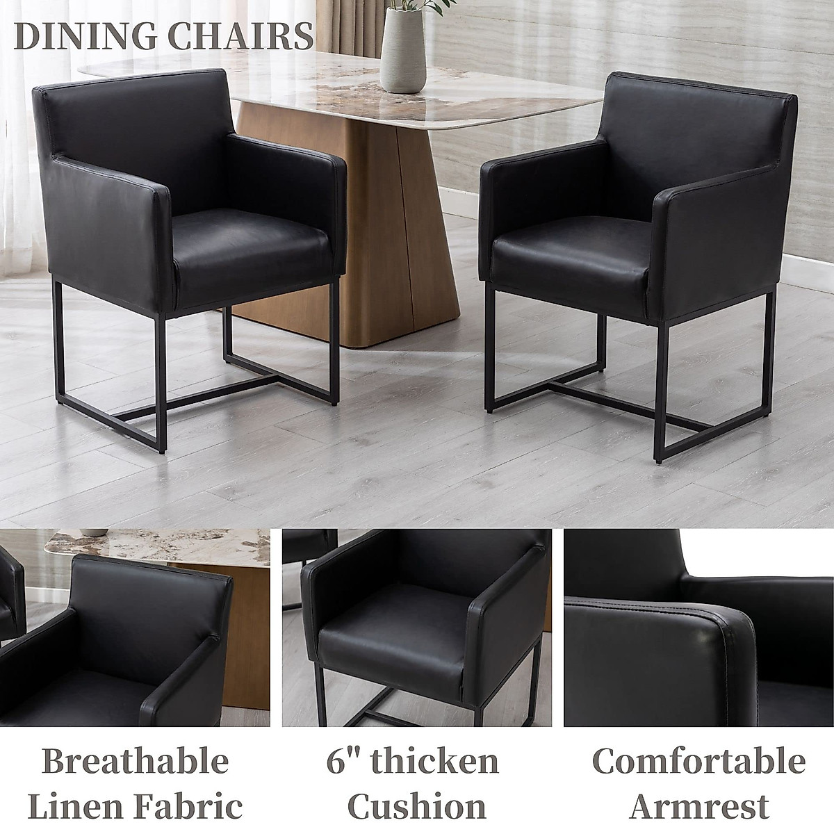 Set of 2 Upholstered Dining Chairs with Armrest, PU Leather Modern Accent Armchairs, Kitchen & Dining Room Chairs Side Chairs, Brown