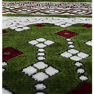 Modefa Turkish Islamic Prayer Rug - Large Group Praying Carpet - Wide Plush Velvet Salah Mat - Multi Person Muslim Janamaz Sajada for Family or Mosque - 12 Person (Vined Arch Green/Red)