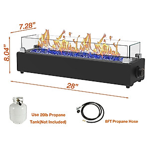 BAIDE HOME 28-inch Table Top Propane Fire Pit, 40,000 BTU Tabletop Firepit for Patio, Outdoor Portable Fireplace Rectangular Fire Bowl w/Wind Glass Shield, Glass Rocks - Black