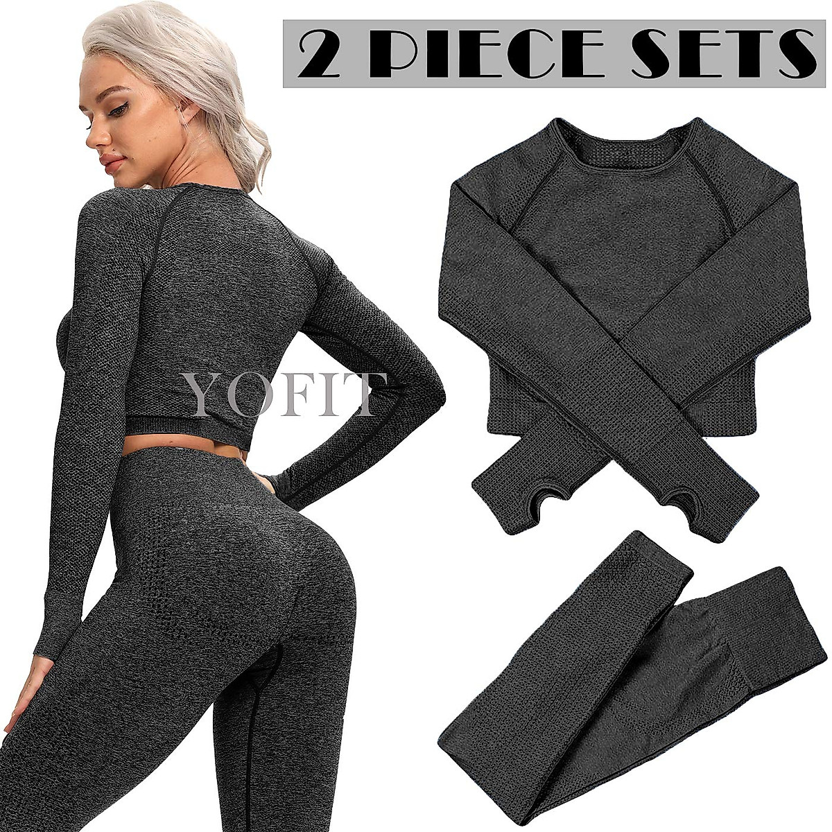 YOFIT Exercise Outfits for Women 2 Pieces Seamless Yoga Outfits Gym Crop Top and Leggings Set Black Tracksuits 2 Piece