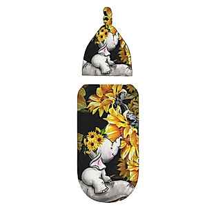 PNNUO Swaddles Blankets Elephant Baby Sunflower Nursery Swaddle Wrap Cartoon Animal Flowers Newborn Swaddling Sleep Sack Hat Set for Girls Boys Infant