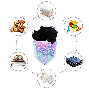 Princess Mermaid Kawaii Rainbow Scales Laundry Hamper Basket Bucket Sea Fish Tale Foldable Dirty Clothes Bag Washing Bin Toy Storage Organizer for College Dorms, Kids Bedroom,Bathroom