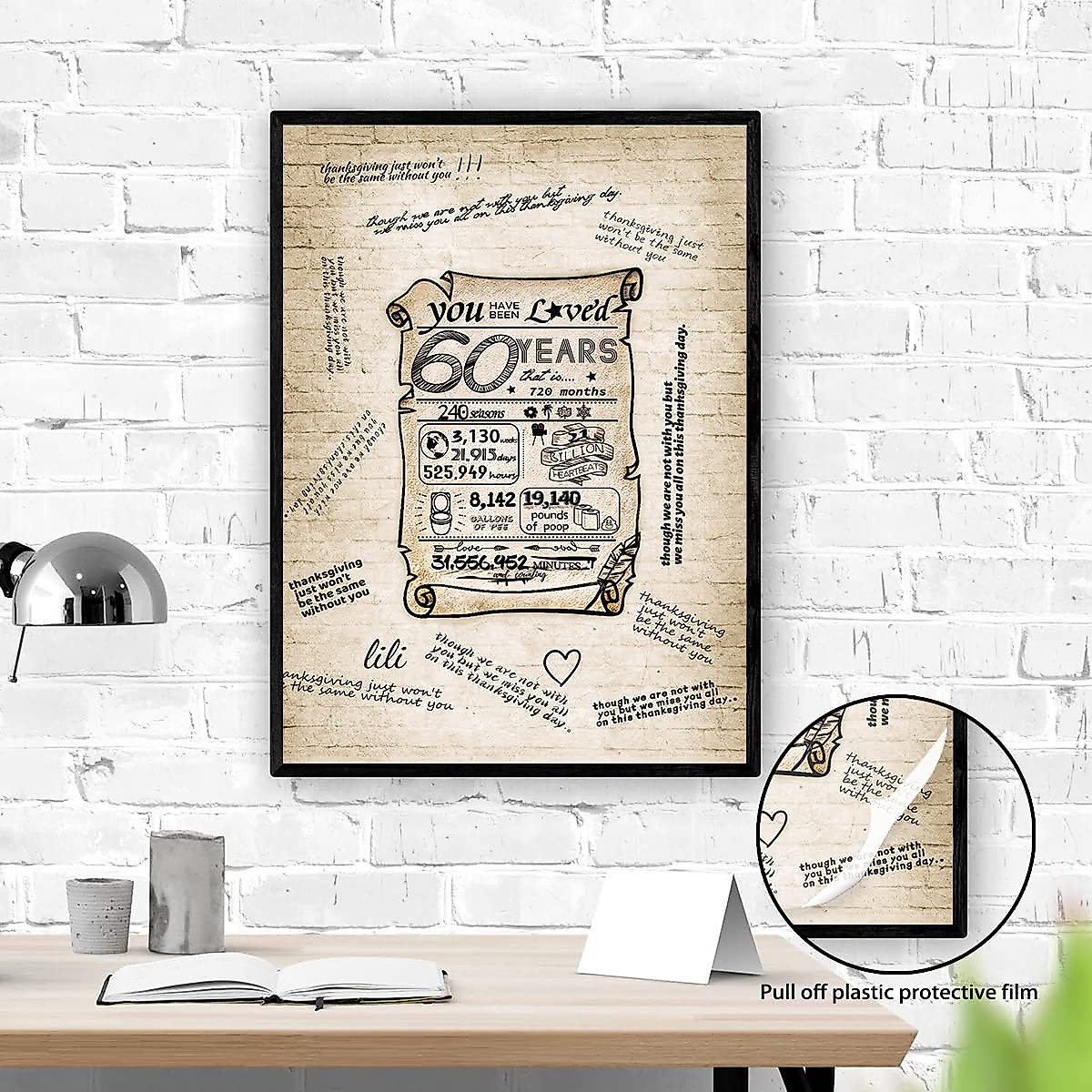 Framed Black 60th Birthday Decorations 60th Birthday Guest Book Alternative 12”x16”, 60 Years Old Birthday Party Supplies Guest Signature Poster, Funny 60 Birthday Gifts for Women Men(60th, Retro)