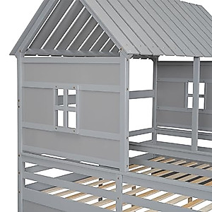 DEYOBED Wooden Double Shared Bed, Twin Size House Bed with 2 Storage Drawers Roof Design, House Platform Bed for Kids, Boys and Girls, Combination of 2 Side by Side Twin Size Beds, Gray