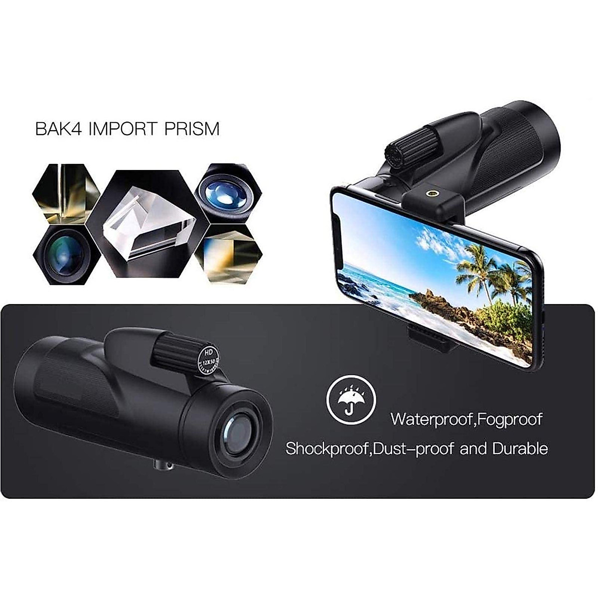 12x50 High Power BAK4 Prism FMC Lens Monocular Compact Portable Life Waterproof Monocular with Smartphone Adapter and Tripod for Adult Bird Watching, Outdoor