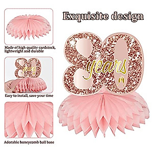 Pink Rose Gold 80th Birthday Honeycomb Centerpieces Decorations for Women, 9Pcs Rose Gold Happy 80th Birthday Table Centerpieces Party Supplies, Eightieth Year Old Birthday Table Toppers Sign Decor