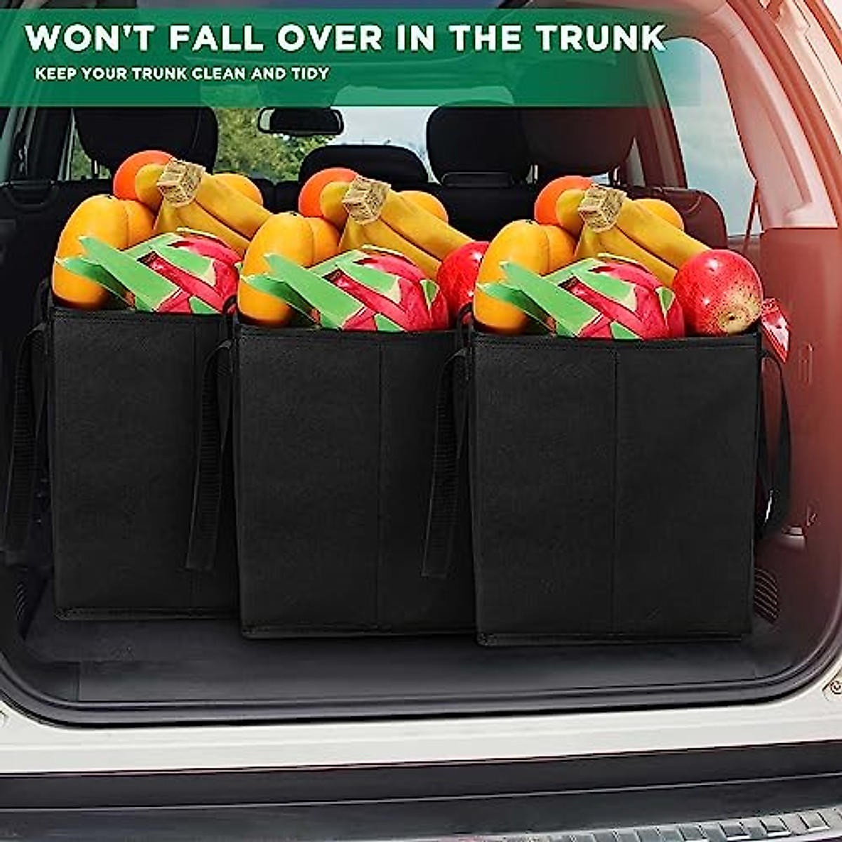 Silkfly 6 Pcs Reusable Grocery Bags with Sturdy Cardboard Bottom and Handles Large Heavy Duty Washable Shopping Tote Bags Bulk Utility Foldable Storage Bins Basket for Food Cart Clothes, Black